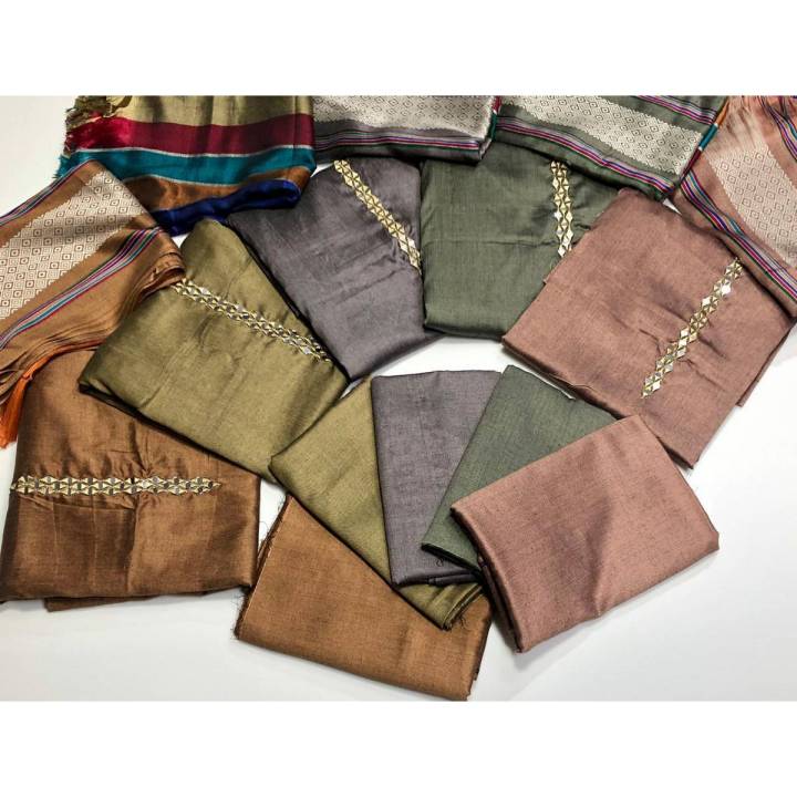 Sossi Fabric neck mirror and selves work 3 pc suits with shwl Dupata 3 ...