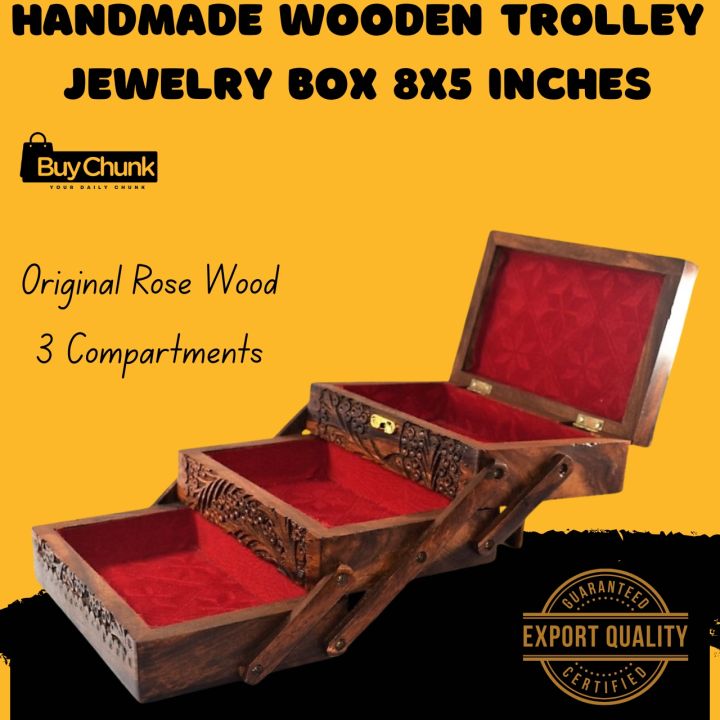 Handmade Wooden Trolley Jewelry Box 8x5 Inches | Large Wooden Jewellery ...