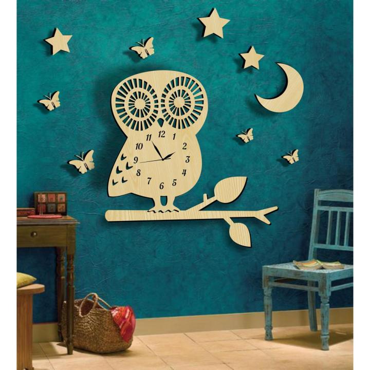 Owl Shape Wall Clock with Butterflies, Stars, Moon, Leaves & Tree ...