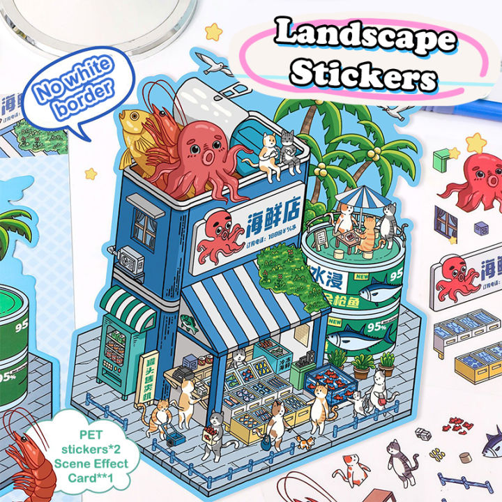1Set Cartoon Seafood Restaurant Landscape Stickers DIY Stacking Pasting ...