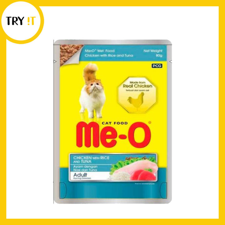 Me-O Pouch Adult Cat Food - Chicken with Rice and Tuna in Jelly - 80gm ...