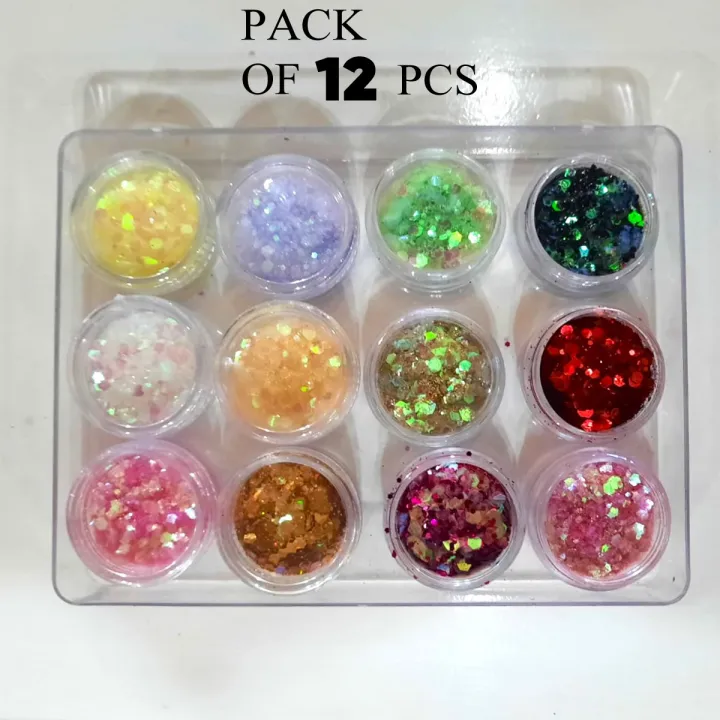 PACK of 12/6 PCS SPARKLING CHUNKY GLITTER LOOSE GLITTER CHUNKS FOR EYES & nails art DECORATION ...
