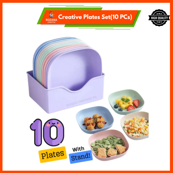 10Pcs Food Grade Plastic Plates Set with Stand – Multi-Functional Round ...
