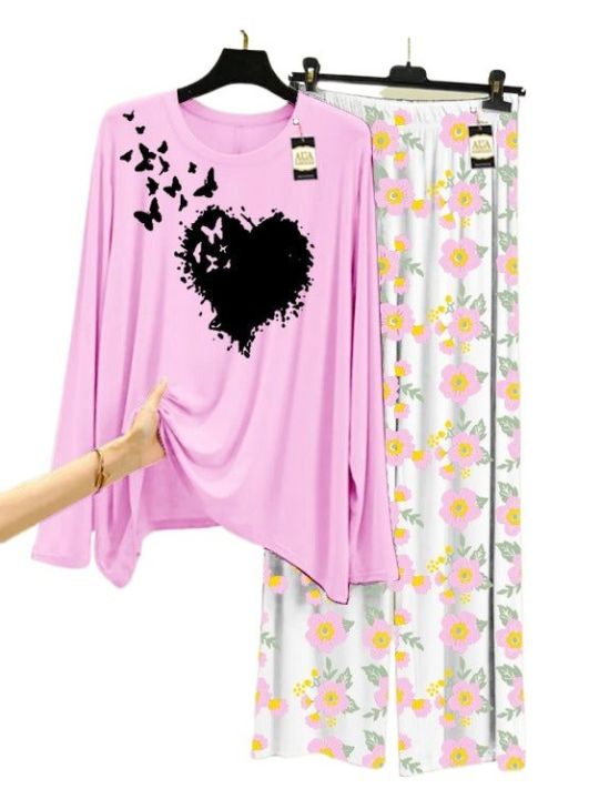baby pink butterfly heart Printed Nightwear Set with Flower Printed ...