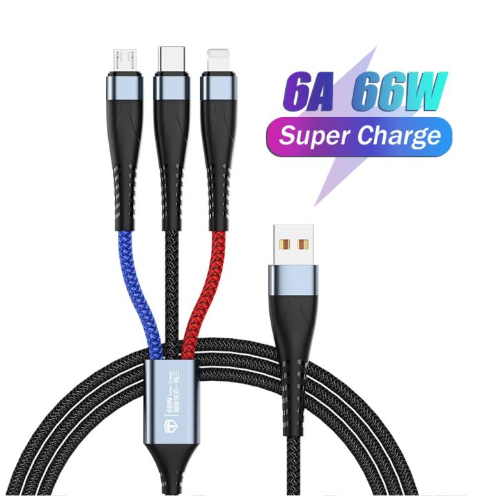 66W 6A 3 in 1 Car Phone Charger Cord with Micro USB/Type C 3ft Long ...