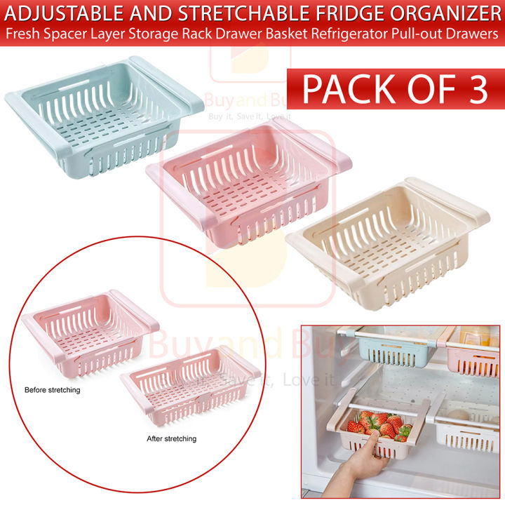 Pack of 3 Adjustable Fridge Storage Basket Expandable Fridge Storage ...
