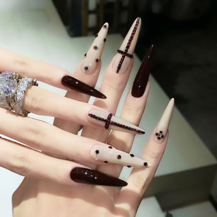 Z-505 Press on Nails 24PCS Long Fake Nails with Rhinestone Wine Red ...