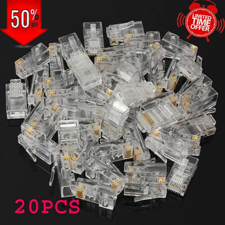 20X RJ45 Ethernet Cable Network Connector Crystal Heads Gold Pins ...