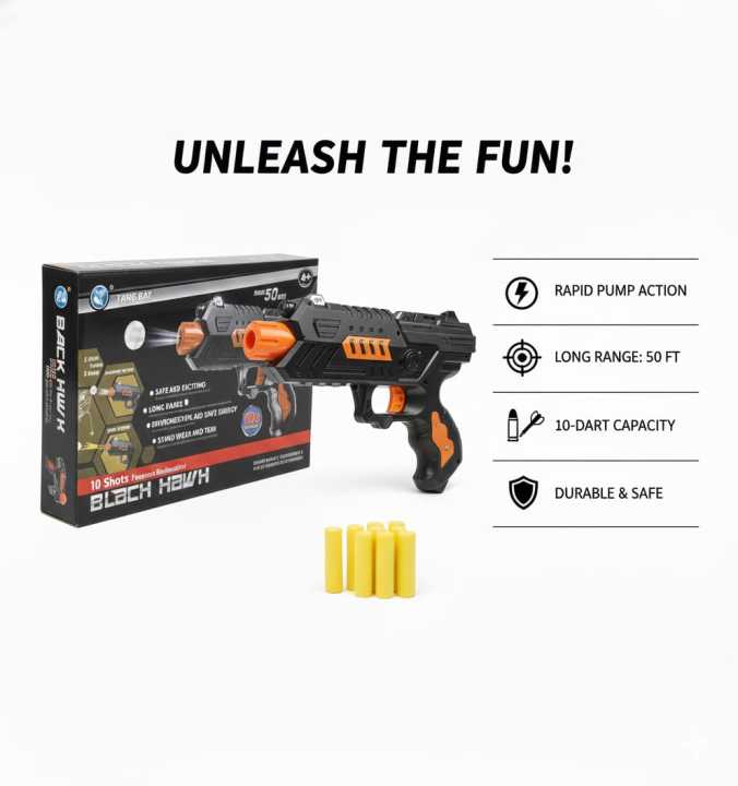 Soft Bullet Toy Gun for Kids Black Hawk | 10 Shots Pressure Transmitter ...