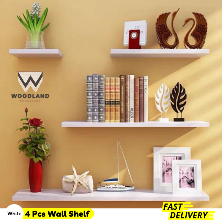 Sleek Wooden Wall Mounted Bookshelves: Contemporary Set of 4 Storage ...