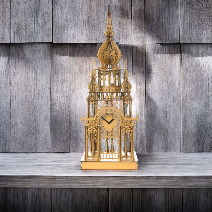 WoodTroniks DIY Brown Wooden Clock Tower: 96 Pieces, 60cm Height, 28 ...