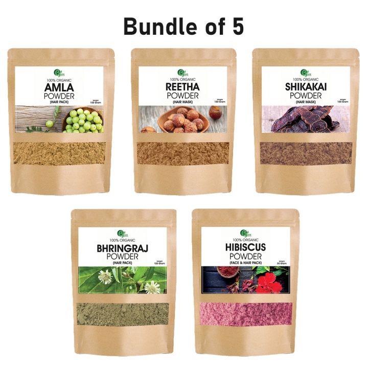 Pack of 5 Hibiscus Powder + Amla Reetha Shikakai Powder + Bhringraj ...