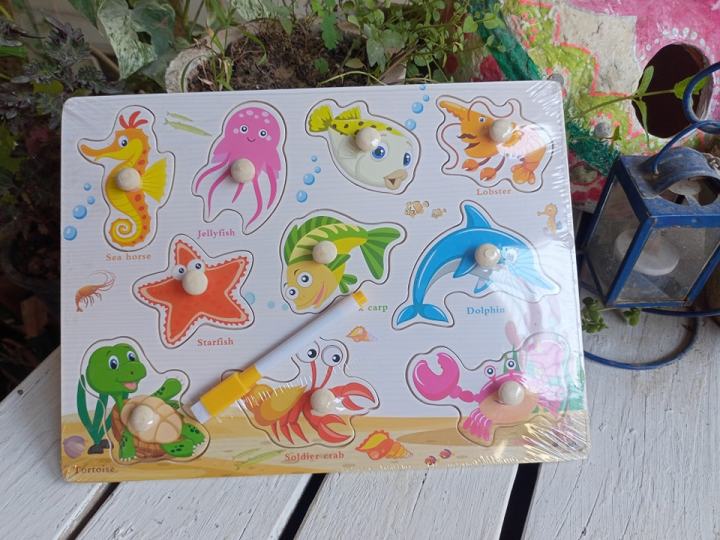 Double Sided 2in1 Wooden Peg Puzzles for Toddlers with Marker | Daraz.pk