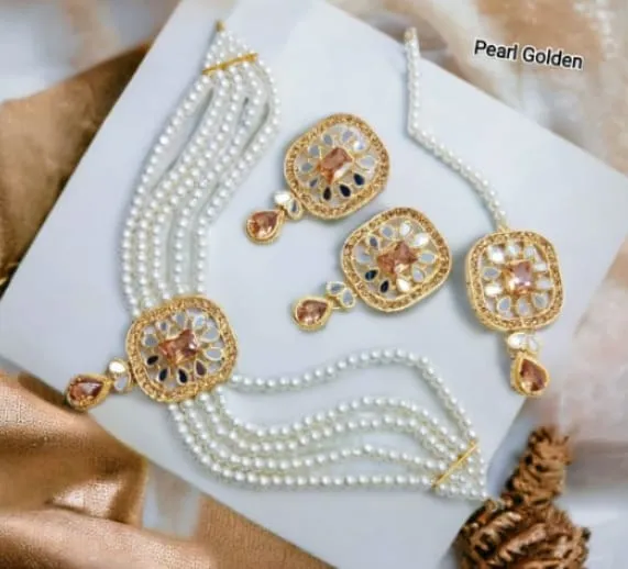 New Fancy Pearl And Crystal Patti Set With Earing And Tika For Girl And ...