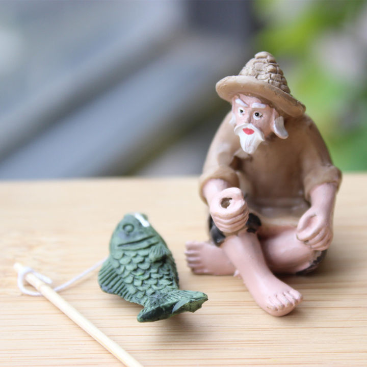 GJCUTE Fishing Old Man Resin Figure Statue Garden Ornament Micro ...