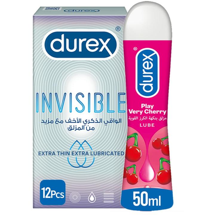 Durex Condoms Invisible Extra Thin Condoms 12s + Durex Play Lube Water ...