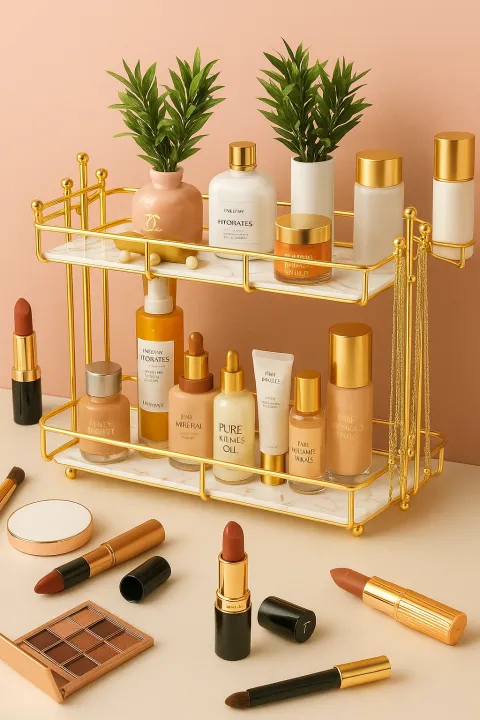 Luxury 2-Tier Gold Makeup Organizer – Cosmetic & Skincare Storage Rack ...
