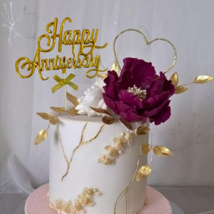 3D Cake Topper Happy Anniversary– Premium Acrylic Decoration in Gold ...