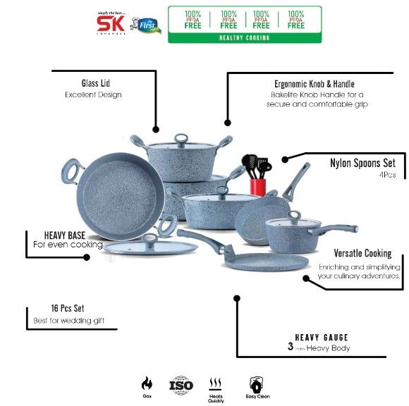 Non-Stick Set Marble Coated | SK 16 Pieces Marble Coated Gift Pack ...