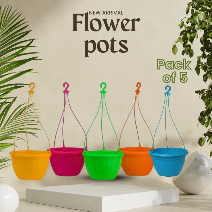 Pack of 5 Multicolor Hanging Flower Pots with Drainage – Plastic ...