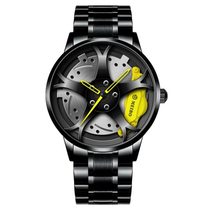 New Men Leather Strap Watches Men Car Wheel Hub Stainless Steel Mesh Quartz Watch Mens Military ...