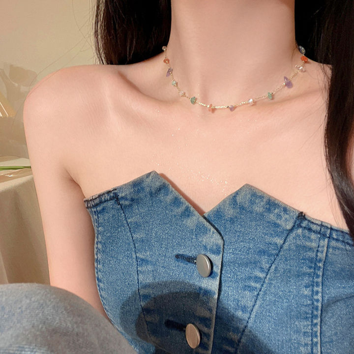 Korean Simple Colored Stone Chain Necklace For Women Golden Party Beach ...