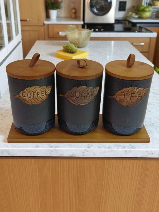 Rustic Black Ceramic Canister Set – Coffee, Sugar & Tea Jars with ...