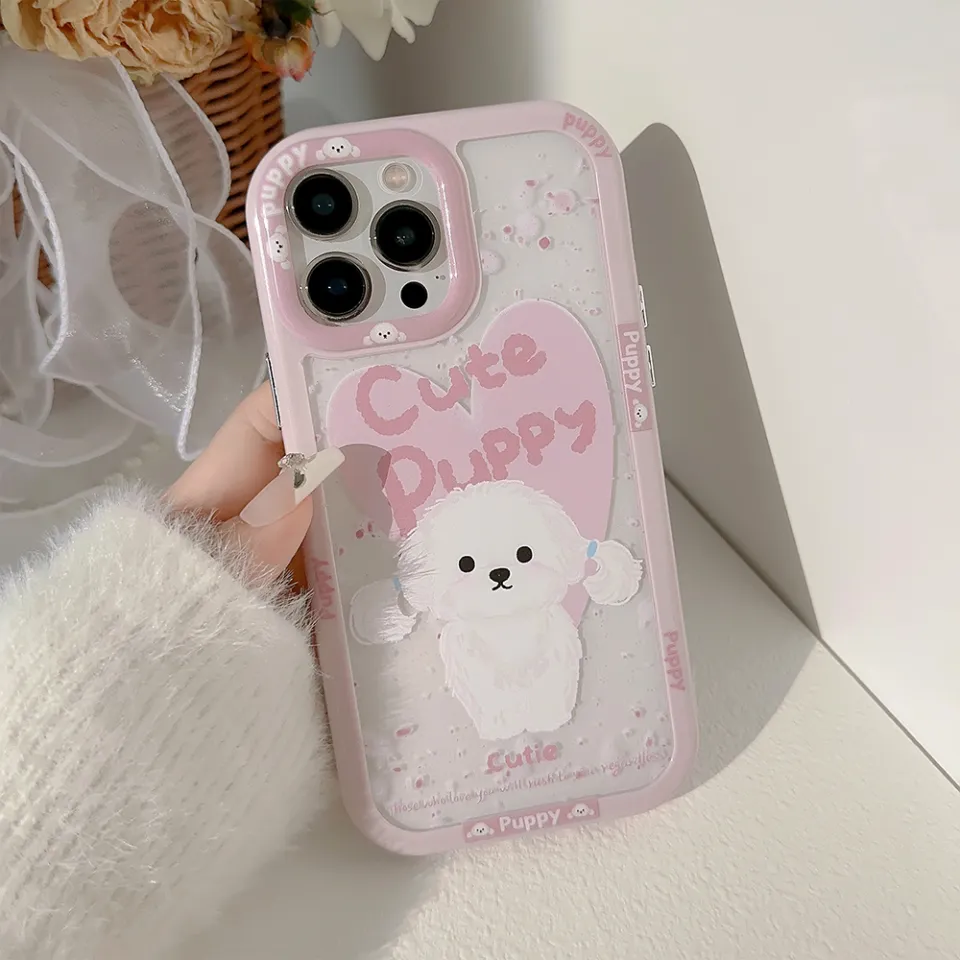 Sroof Case For iPhone 11 12 13 14 15 Pro Max Korean Girls Pink Cute Puppy Shockproof Silicone Soft Phone Case Back Cover Daraz.lk