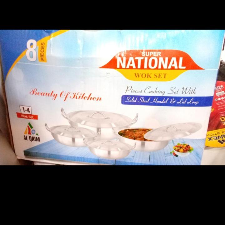 National 8 Pieces Silver Karahi Set (Metail polish) Heavy Guage 4 Sizes ...