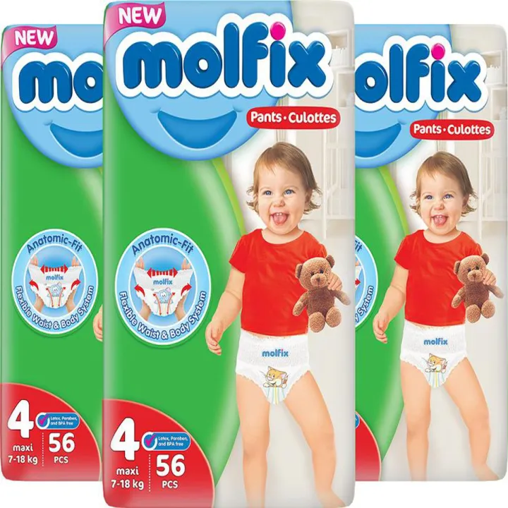 Molfix - Pack of 3 Baby Pants Pull Ups Maxi 56 Pcs Jumbo Pack / 7-18 ...