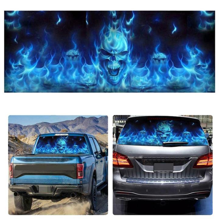 One Way Vision for Truck Suv Pickup Blue Flaming Skull 3D Rear ...