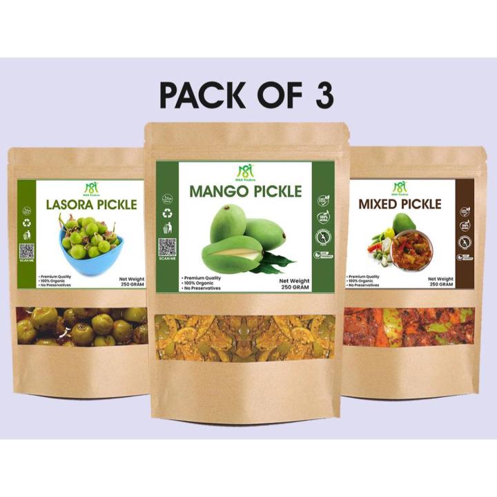 Pack of 3 Home Made Lasoora + Mango + Mixed Pickle Lasora Achar ...