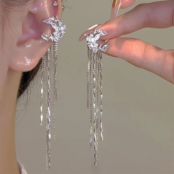 Fashion Shiny Zircon Moon Star Long Tassel Ear Clip No Piercing Earring ...