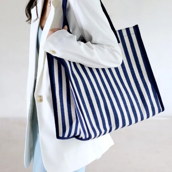 New Canvas Tote Bag Stripe Large Capacity Shoulder Bag Hand Pouch Women ...