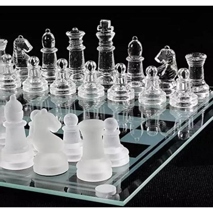 25 cm Glass Chess Game Set Include Frosted/Polished Glass Chess Board and 32 Chess Pieces with ...