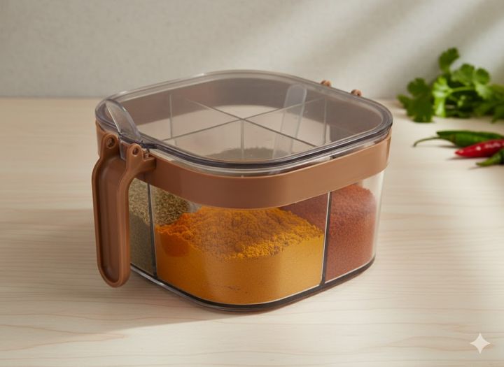 4 Grid Acrylic Seasoning Box with Handle & Spoons | Portable Kitchen ...