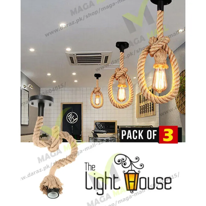 Pack of 3 - Industrial Rope Pendant Lamp Vintage Edison Hemp Rope ...