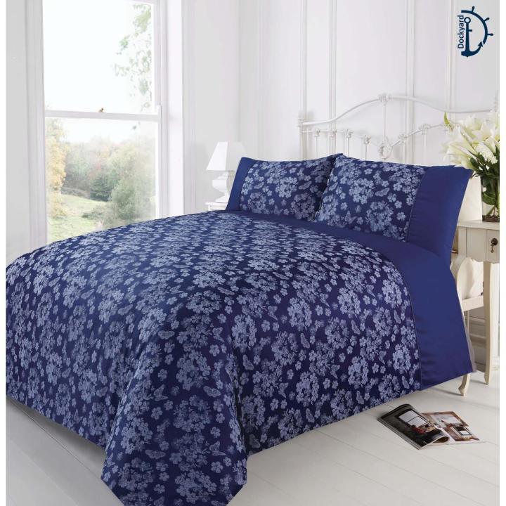 DOCKYARD Cherry Blossom Royal Blue Quilt Cover Set 3 Pcs Bed Set ...