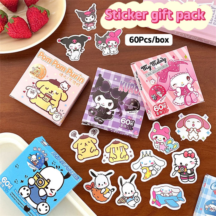 60Pcs/Box Kawaii Sanrio Stickers Kuromi Cinnamoroll Pochacco DIY Hand Account Decal Baking ...