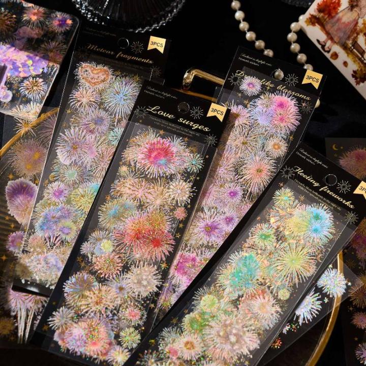 3/12 Sheets Long Fireworks Flat PET Stickers Adhesive DIY Labels Decor ...