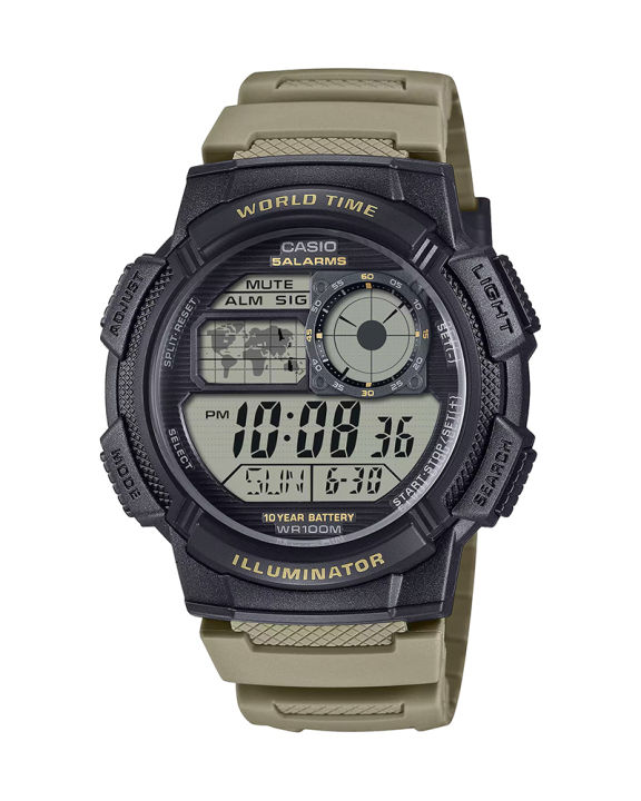 Casio General Mens Black Resin Case Round Digital World Time, Stop ...