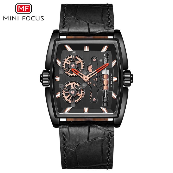 Mini Focus Black Rectangle Dial Black Leather Strap Watch For Men ...