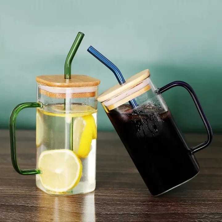 HMT Pack of 2 400ml Square Glass Mug with Lid and Straw - Transparent ...