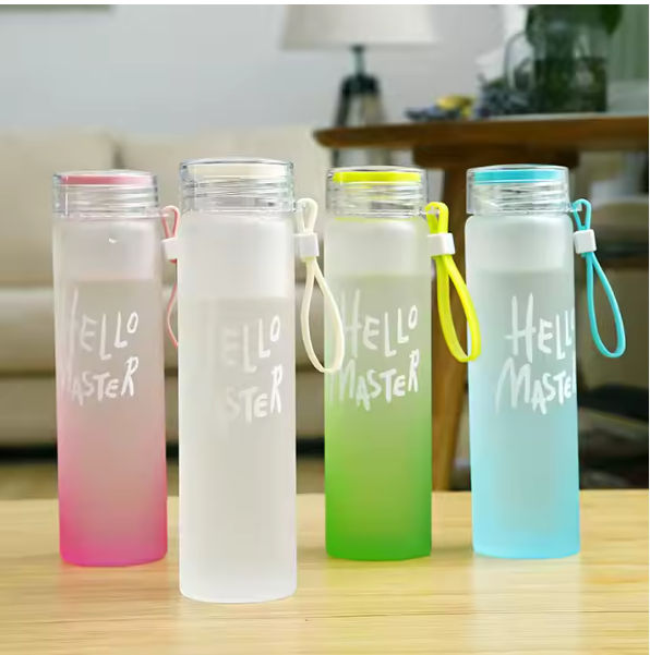 Hello Master Gradient Color Glass Water Bottle Portable Frosted ...