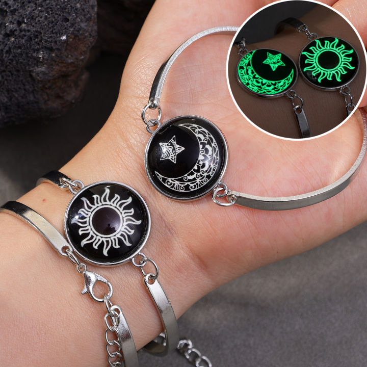 1/2Pcs Metal Luminous Sun Moon Bracelets for Women Men Couple Alloy ...