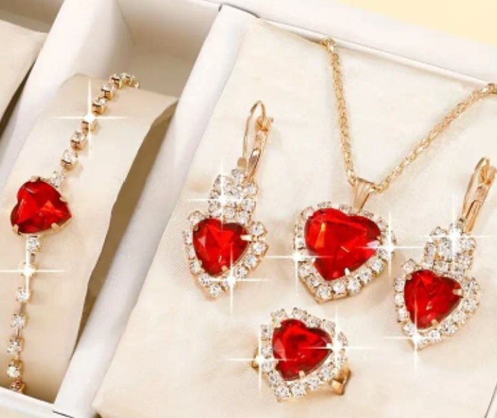 Radiant 5 piece Red Heart Rhinestone Jewelry Set For Girls Heart Gift ...