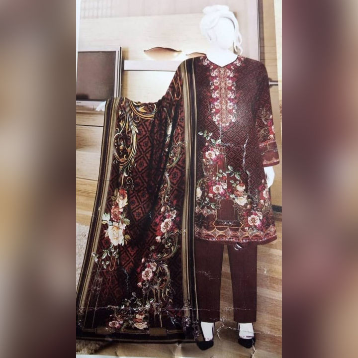3Pc Unstitched Classic Khadar Suit with Embroidered Neck and Printed ...