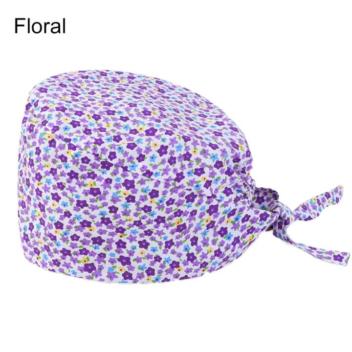 Floral Letter Print Dust Proof Chef Scrub Cap Round Bouffant Adjustable ...