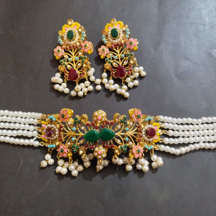 Multicolor Stones With Pearls Necklace / Chokkar / Jewellery Set For ...