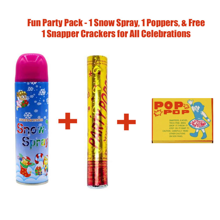 Fun Party Pack - 1 Snow Spray, 1 Poppers, & Free 1 Snapper Crackers for ...